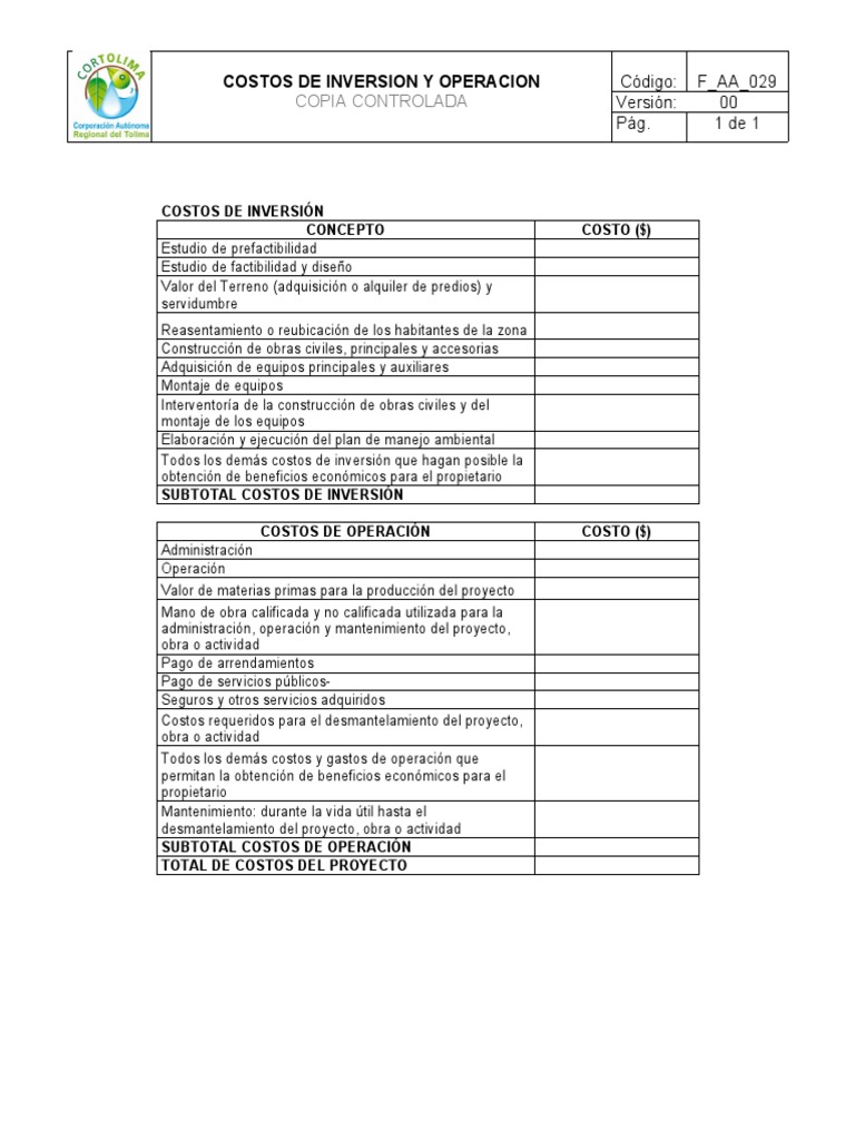 Formulario Costos de Inversion y Operacion | PDF