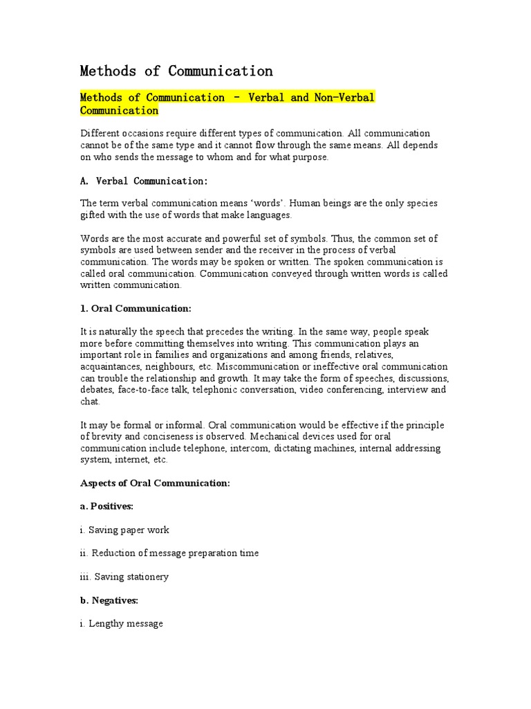 Methods of Communication - Verbal and Non-Verbal Communication | PDF ...