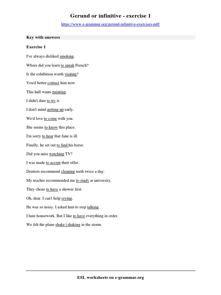 Gerund Infinitive Exercise 1 Key PDF | PDF