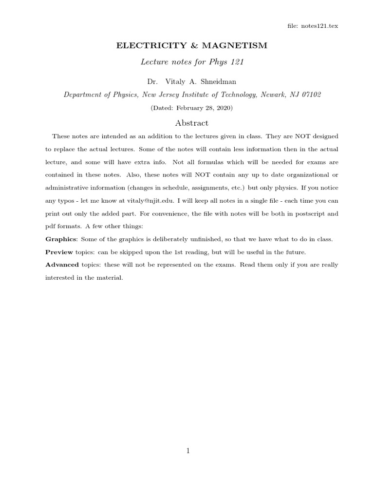 Electricity & Magnetism Lecture Notes For Phys 121 | PDF | Euclidean ...