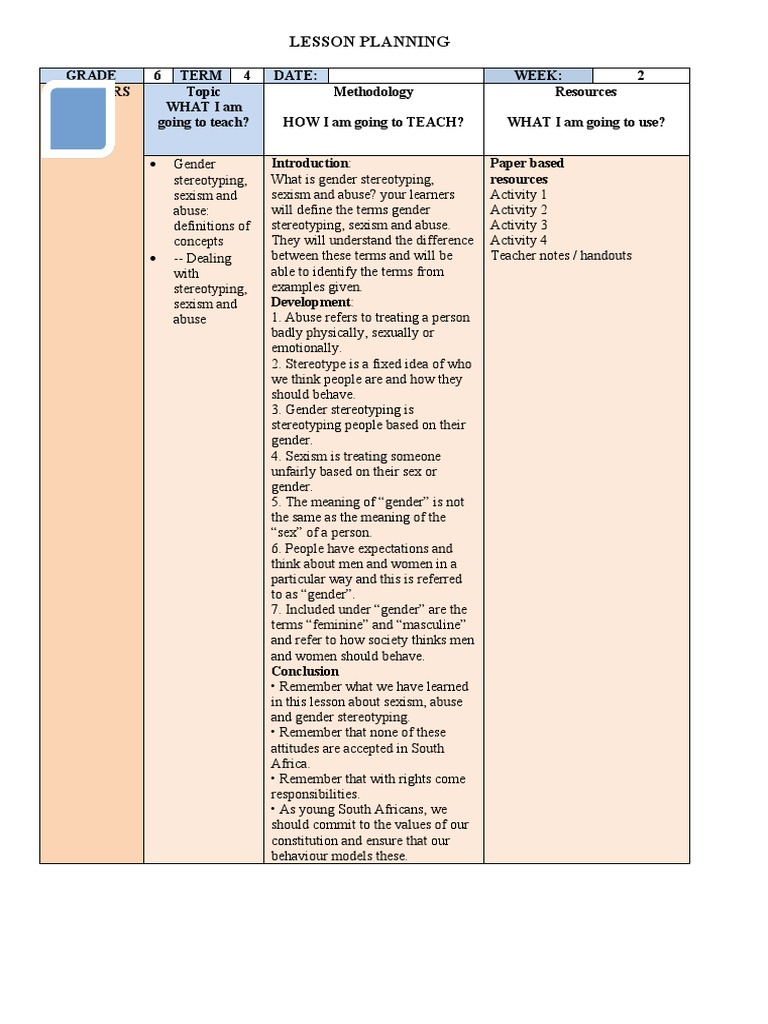 Lesson Plan Life Skills Term 4 W2 | PDF | Sexism | Stereotypes