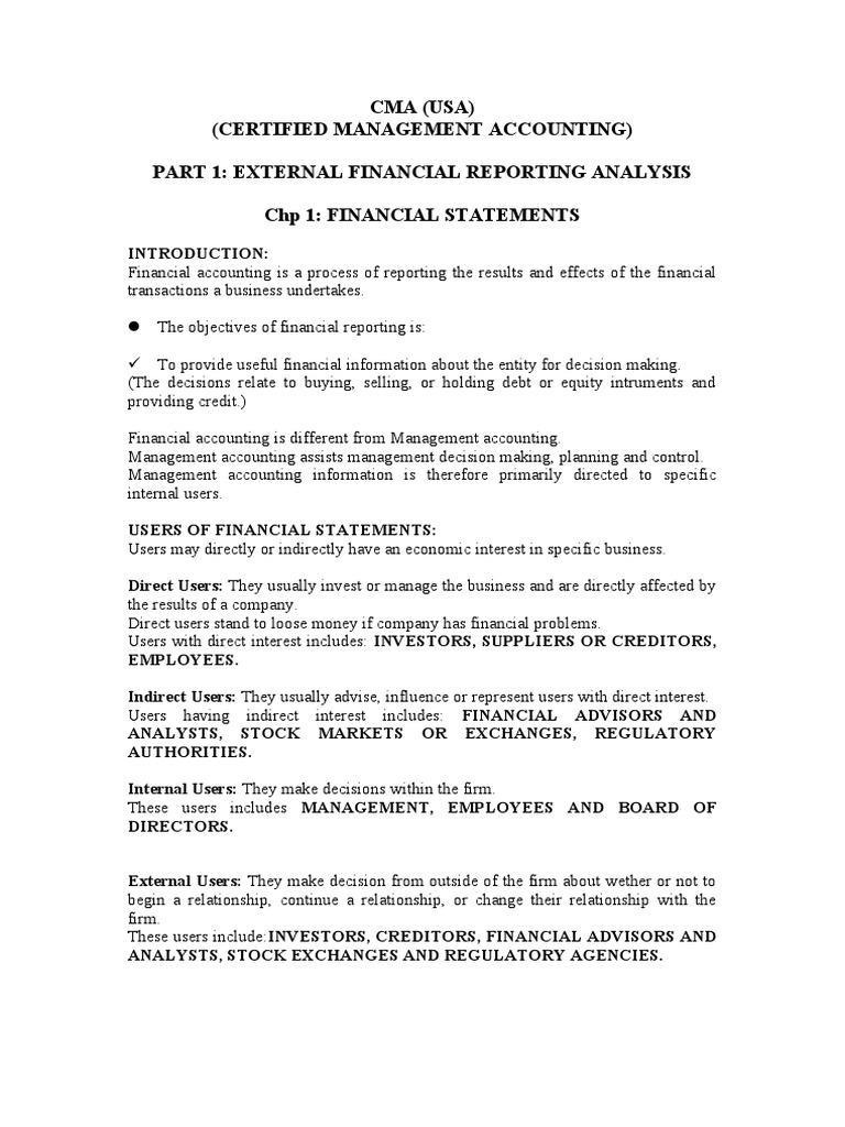 Cma (Usa) (Certified Management Accounting) Part 1: External Financial ...