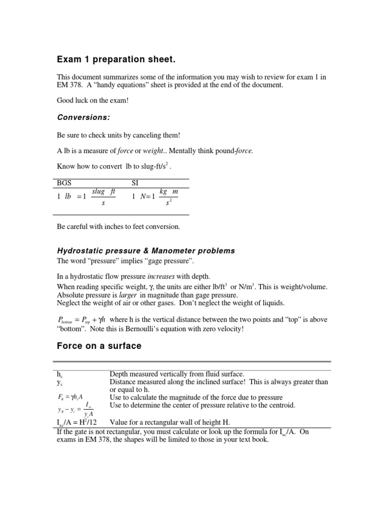 Exam 1 Preparation Sheet.: Conversions | PDF | Pressure | Fluid Dynamics