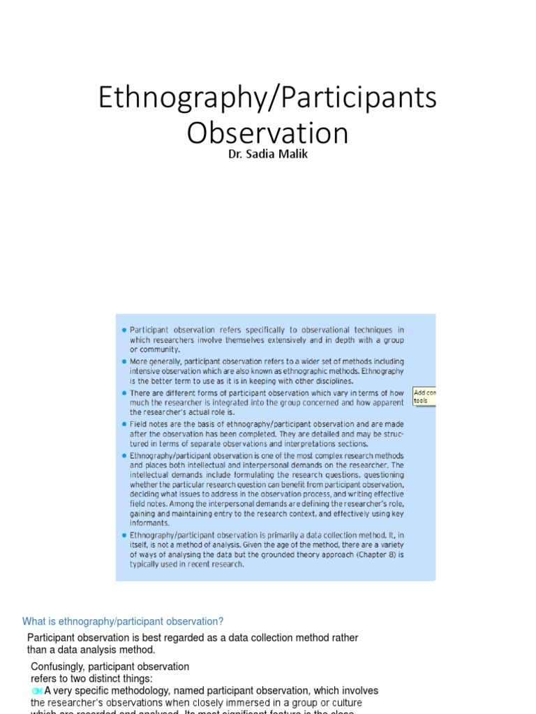 Ethnography/Participants Observation: Dr. Sadia Malik | PDF | Field ...