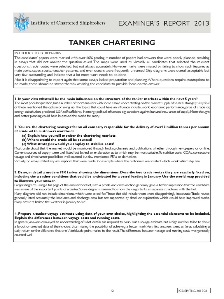 Tanker Chartering: Examiner'S Report 2013 | PDF | Oil Tanker | Transport