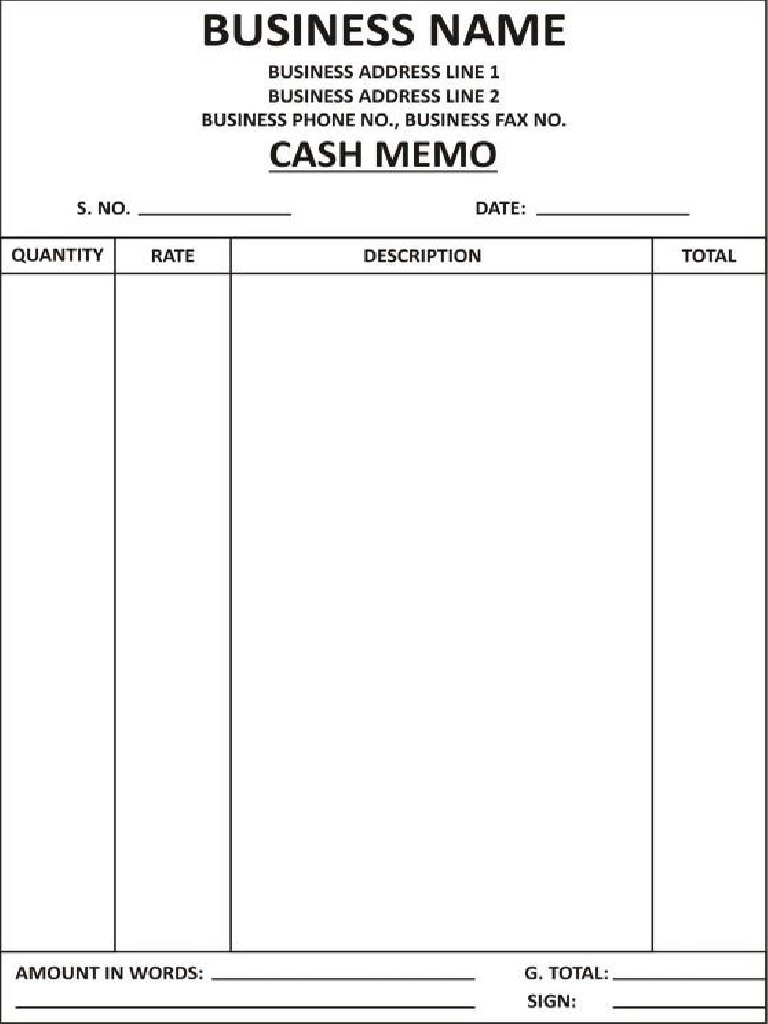 Cash Memo Format Cash Mamo Design 2024