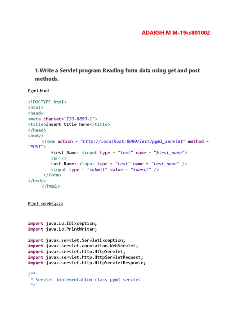 1.write A Servlet Program Reading Form Data Using Get and Post Methods | PDF | Java Servlet ...