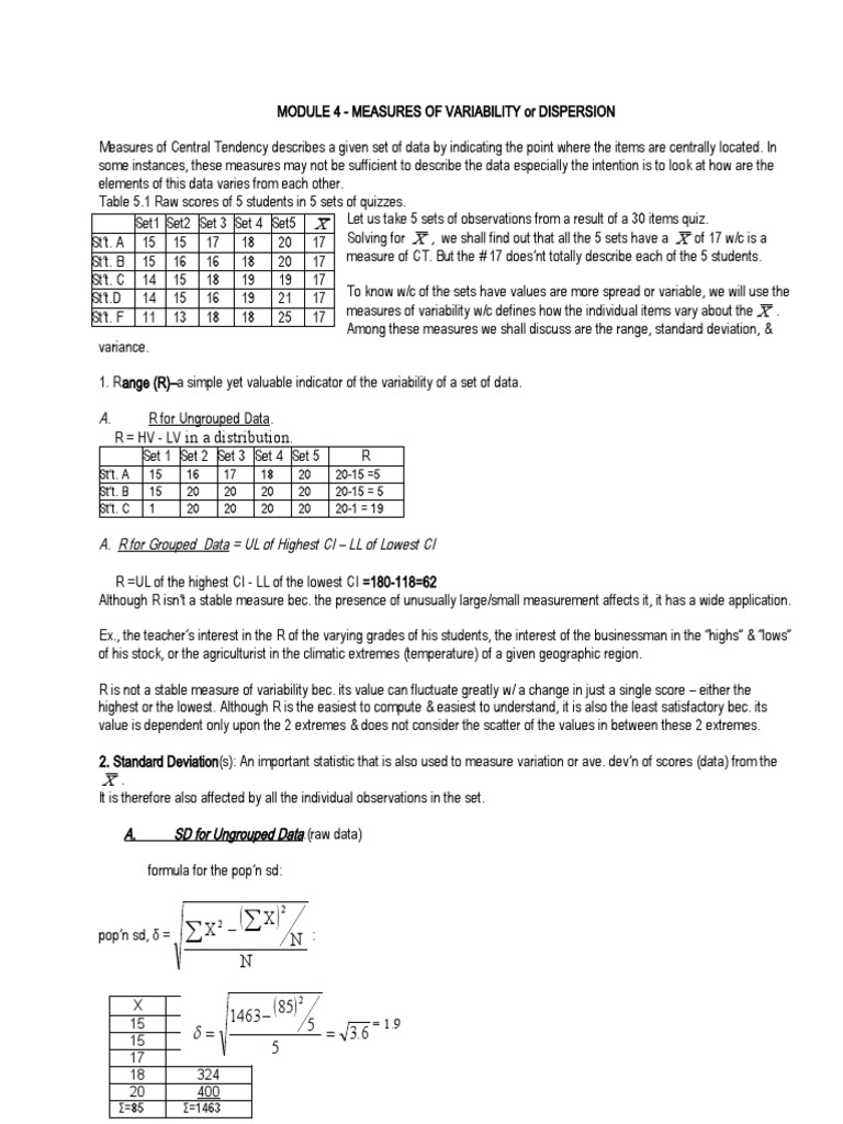 Mod. 4 Measures of Dispersion BSA | PDF | Coefficient Of Variation ...