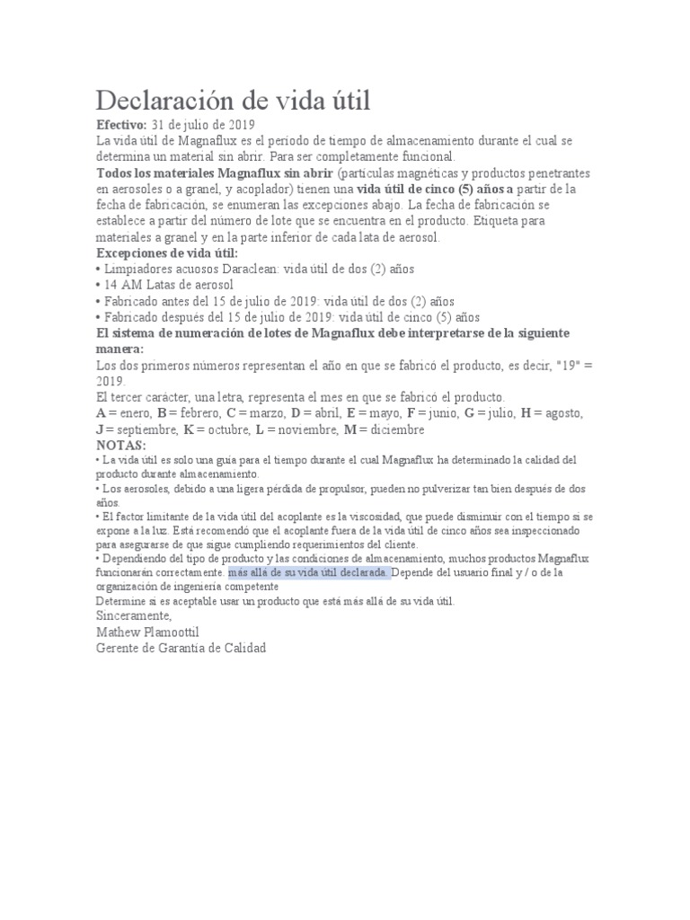 Declaración de Vida Útil | PDF