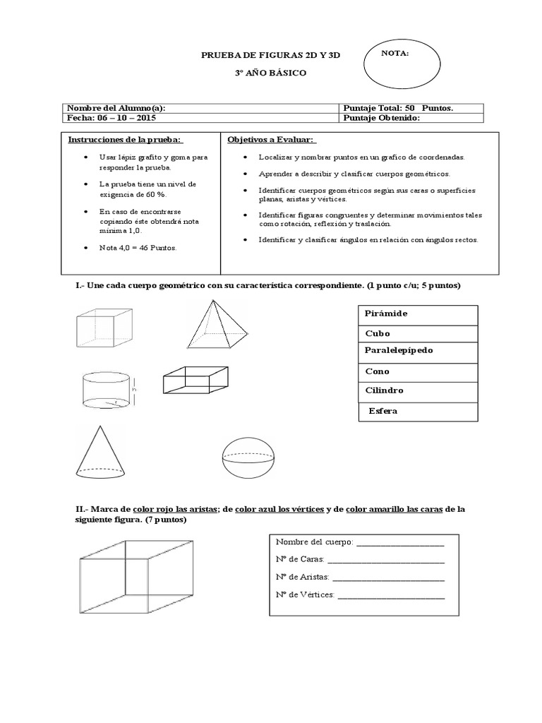 Prueba de Figuras 2D y 3D 3º Básico | PDF