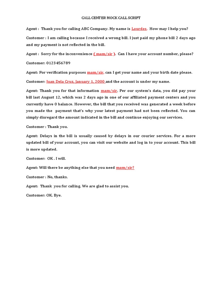 Call Center Mock Call Script | PDF