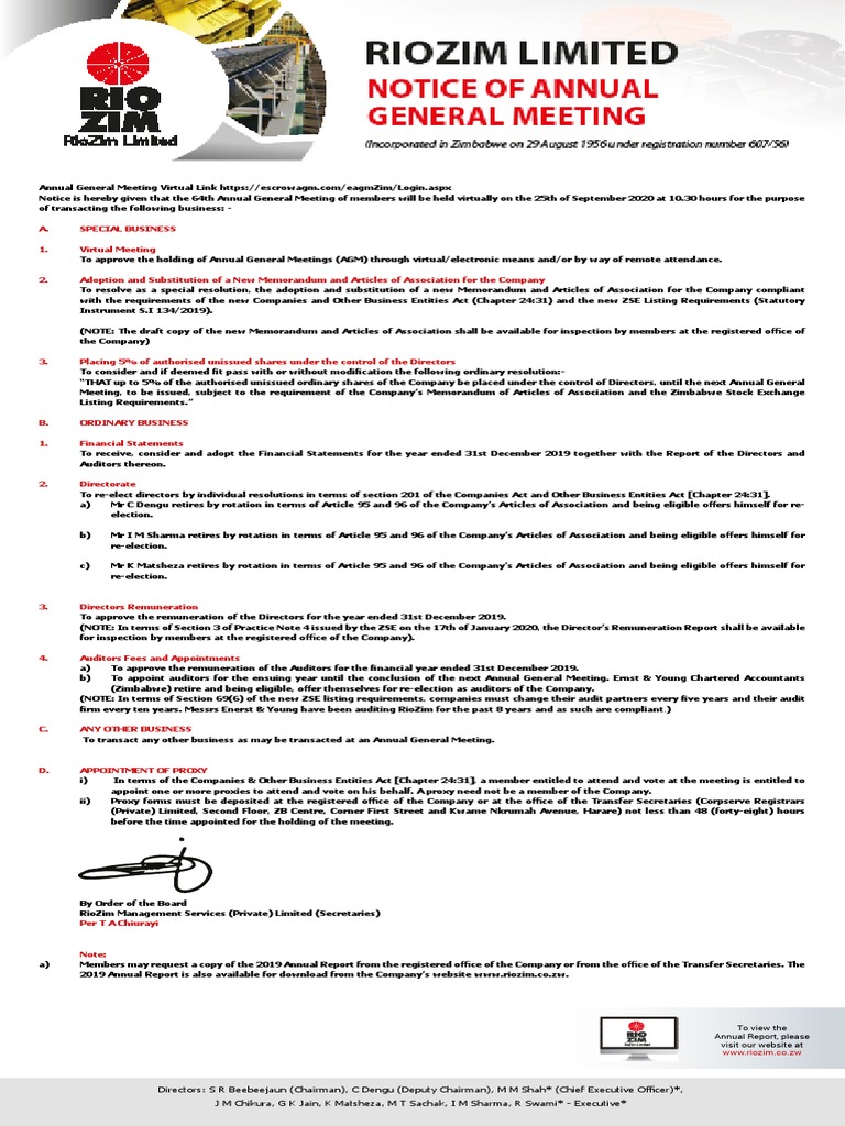 To View The Annual Report, Please Visit Our Website At: WWW - Riozim.co ...