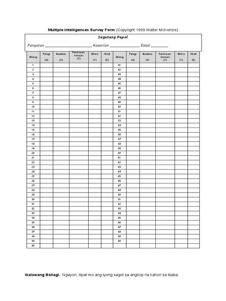 Multiple Intelligences Survey Form | PDF | Psychological Theories ...