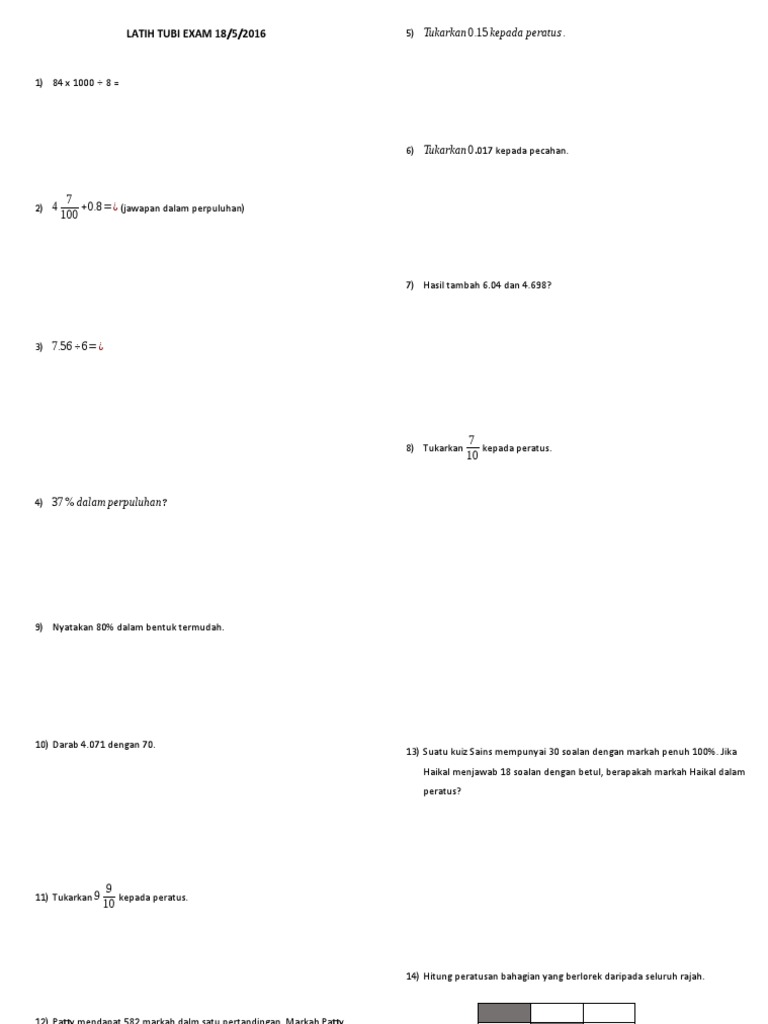 LATIH TUBI EXAM Math Darjah 4 & 5 | PDF