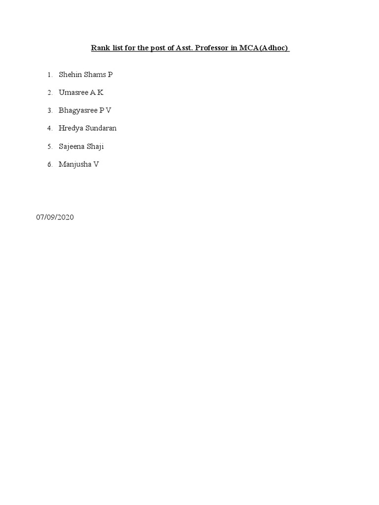 MCA Asst. Professor Rank List | PDF