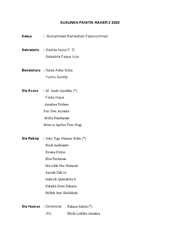 Susunan Panitia Raker 2 2020-1 | PDF