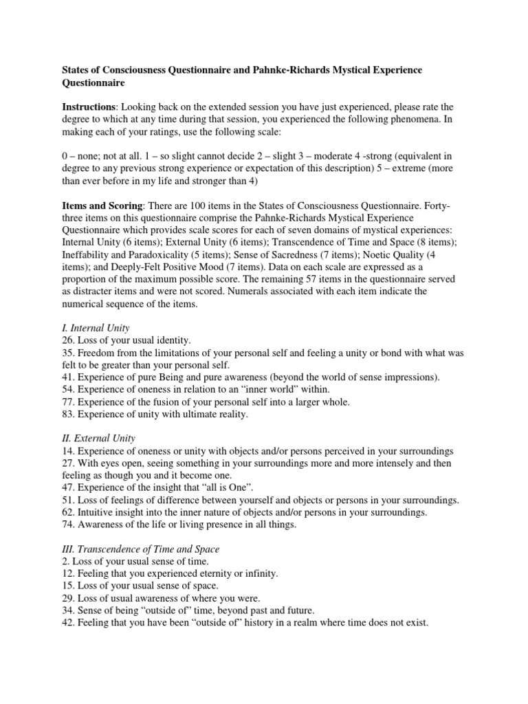 States of Consciousness Questionnaire and Pahnke | PDF | Feeling | Time