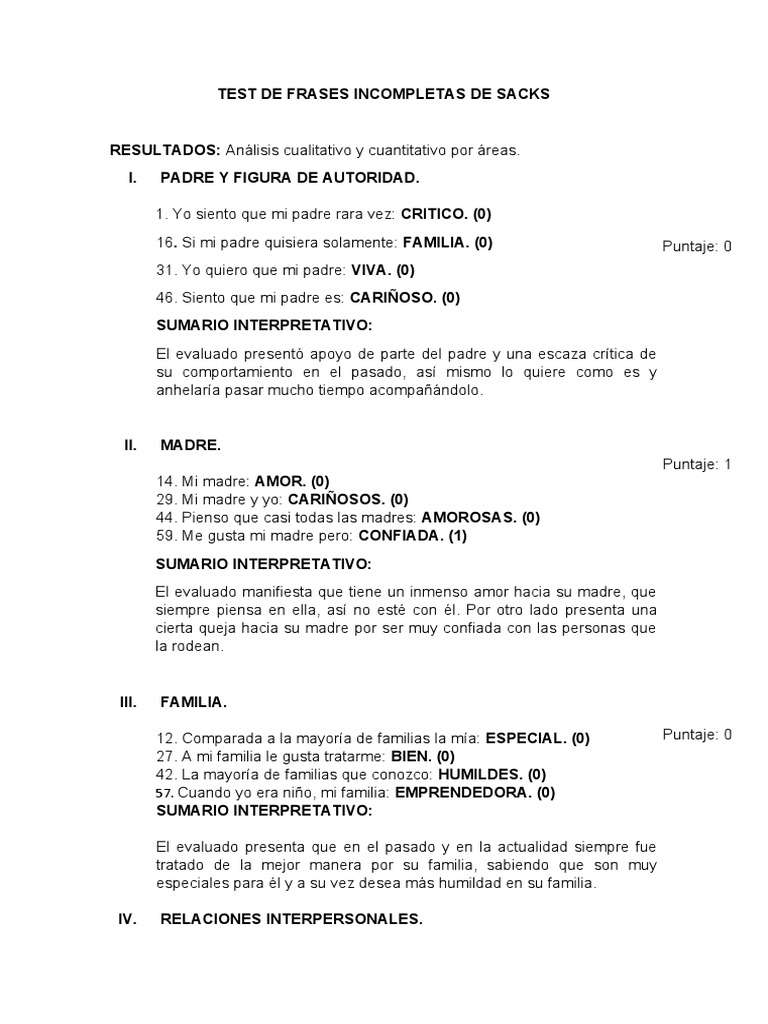 Interpretacion Del Test Sacks | PDF | Sicología | Ciencias del ...
