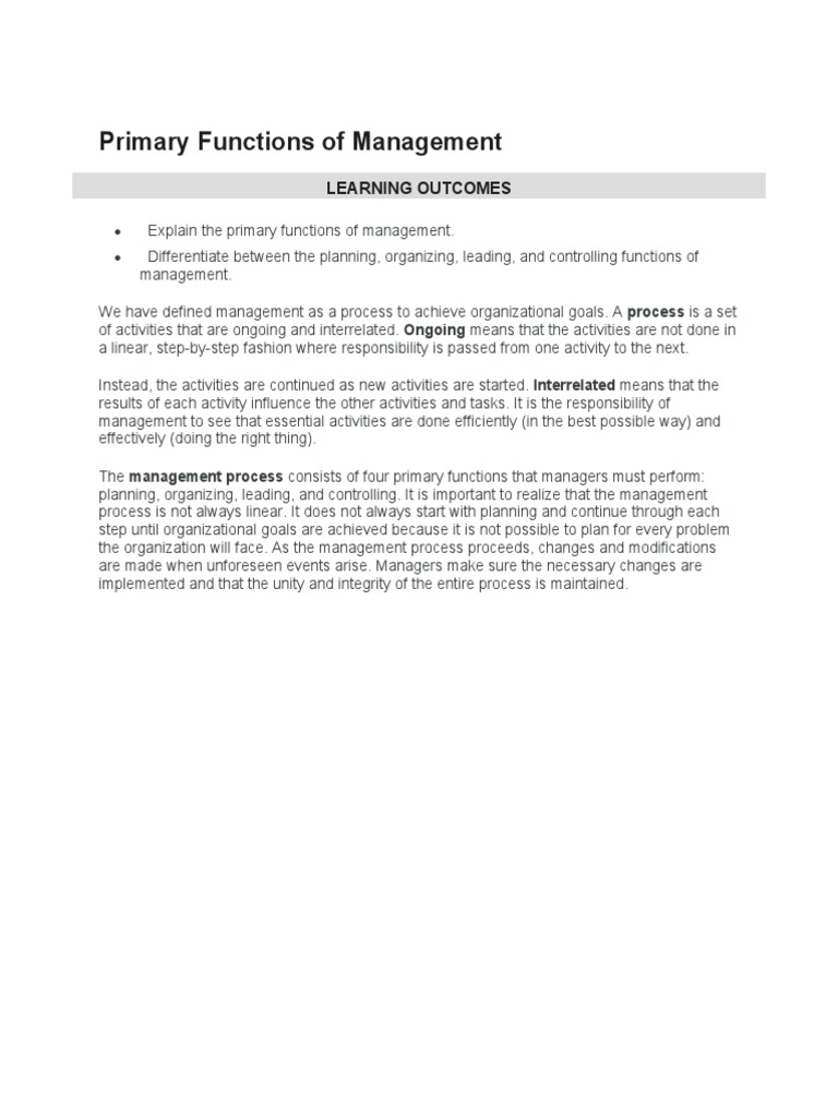 Primary Functions of Management | PDF | Goal | Strategic Planning