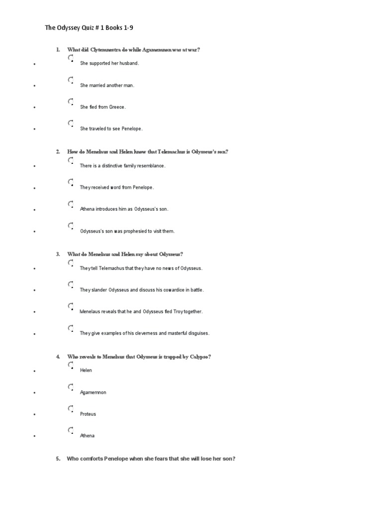The Odyssey Quiz: Books 1-9 | PDF | Odyssey | Odysseus