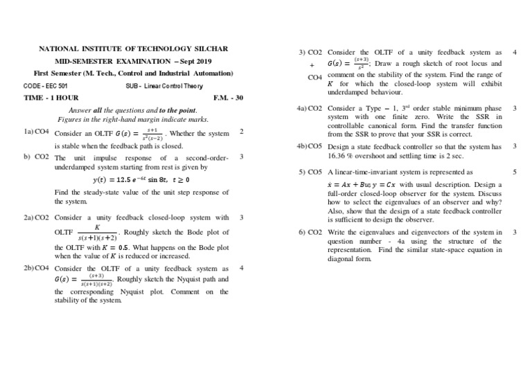 Mid Sem 2019 Linear Control System Pdf Control Theory