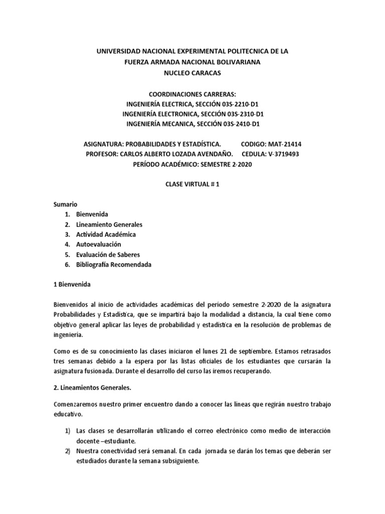 Clase Virtual # 1, Unefa 2-2020 | PDF | Variable aleatoria | Probabilidad