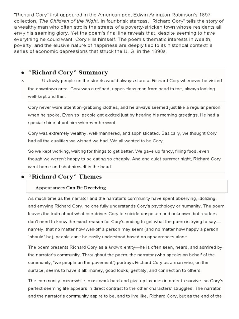 "Richard Cory" Summary: Appearances Can Be Deceiving | PDF | Narration ...