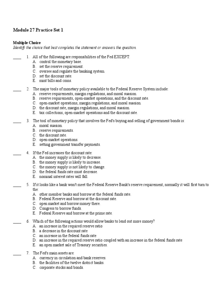 Module 27 Practice Set 1 | PDF | Federal Reserve | Open Market Operation