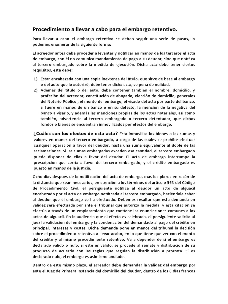 Procedimiento A Llevar A Cabo para El Embargo Retentivo | PDF | Demanda ...