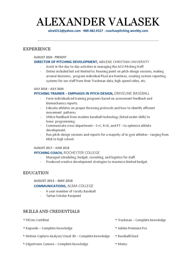 Alex Valasek's Pitching Development Resume | PDF | Business
