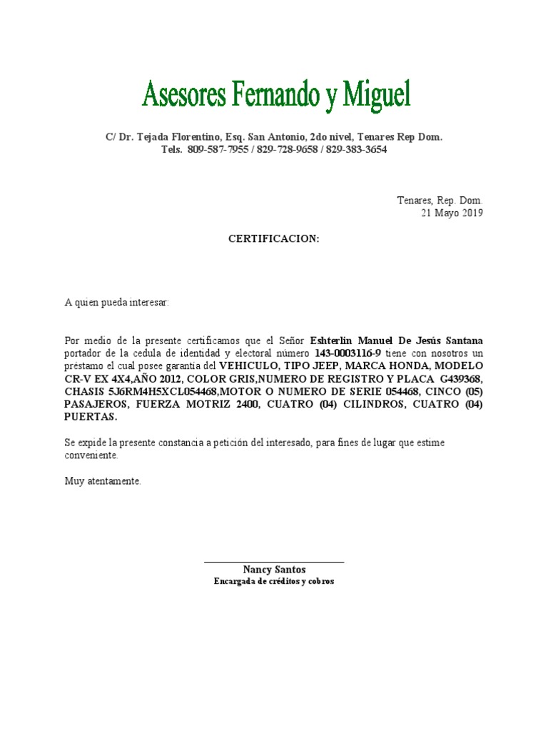 Carta de Certificacion | PDF