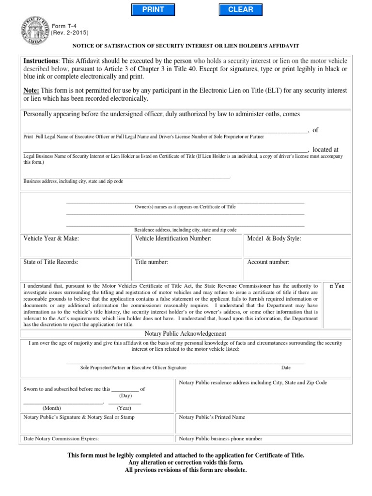 Notice of Satisfaction of Security Interest or Lien Holder's Affidavit ...