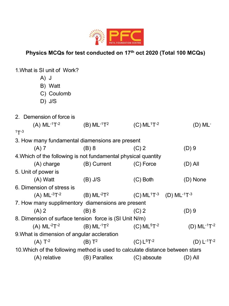 Physics 100 Test Questions JALNA | PDF | Quantity | Acceleration