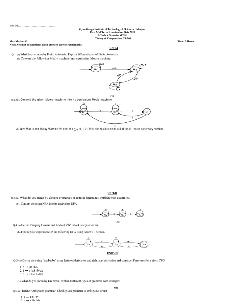 First Mid Sem Exam Toc - CS-501 - Oct 2020 | PDF | Theory Of Computation | Syntax (Logic)