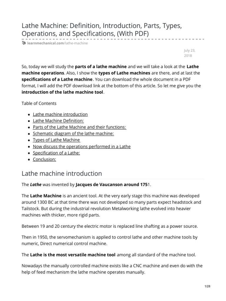 Lathe Machine Definition Introduction Parts Types Operations and Specifications With PDF | PDF