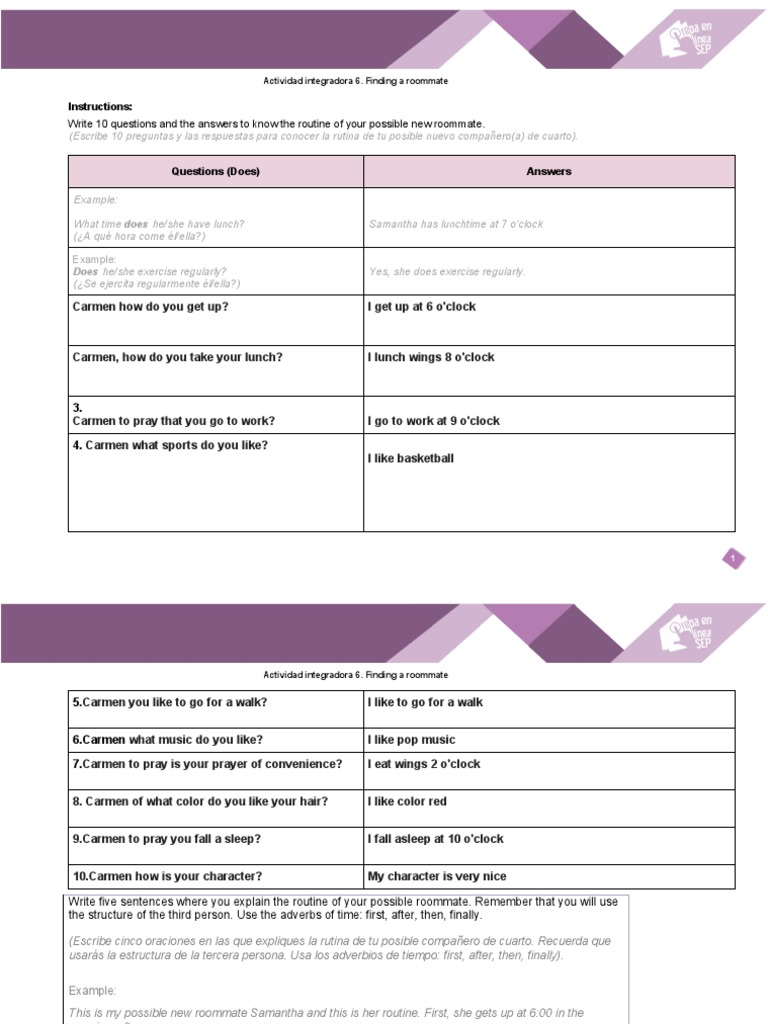 Roommate Routine Questions and Answers | PDF