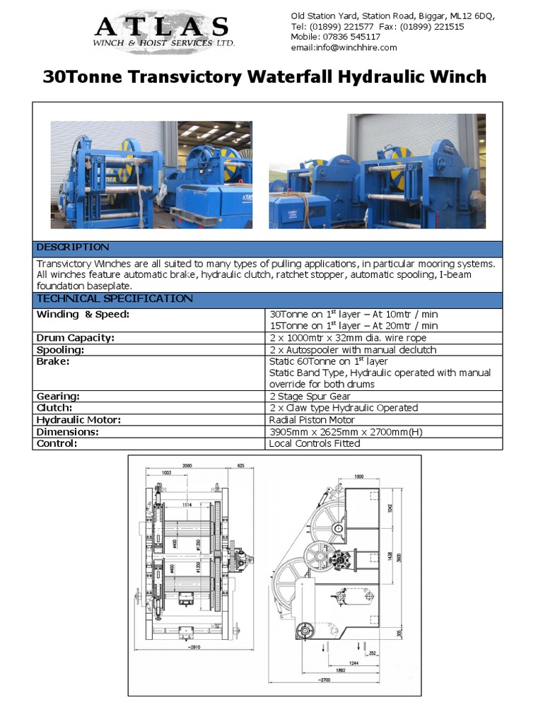 Atlas 30tonne Waterfall Hyd Transvictory Winch Spec Sheet PDF