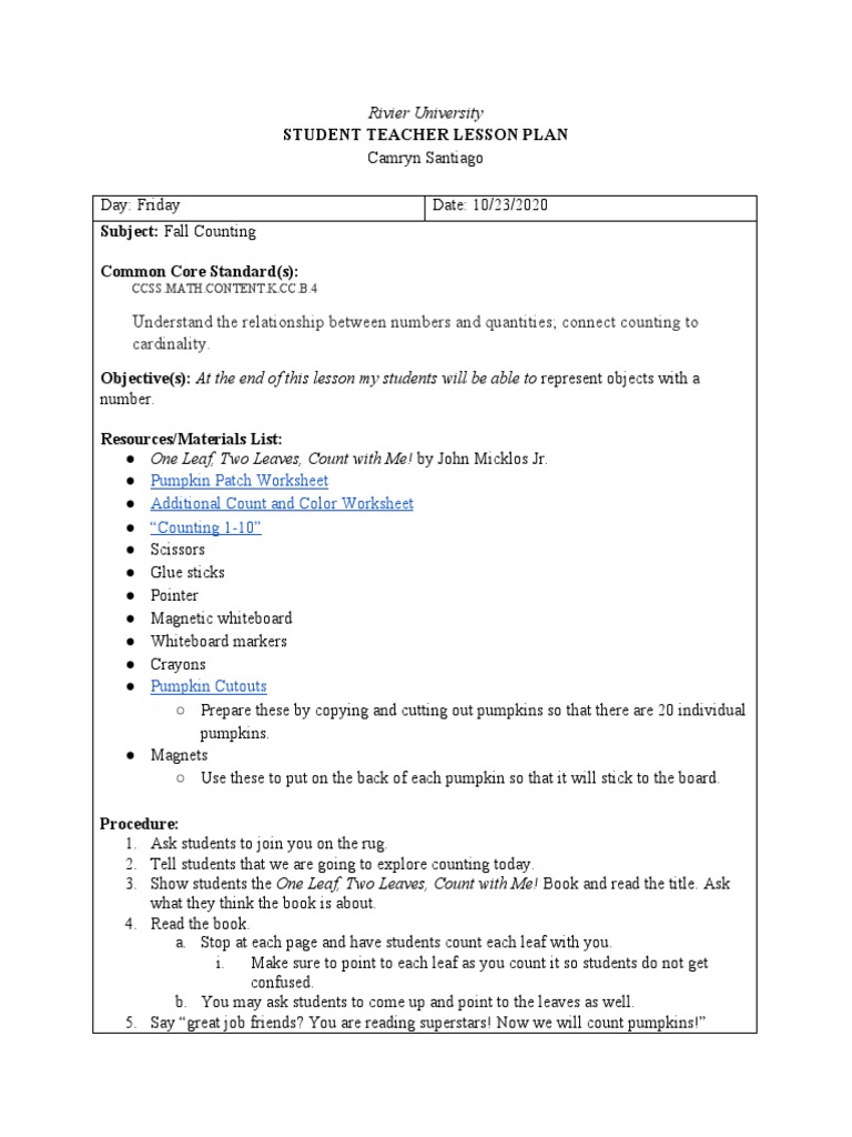 Fall Counting Lesson Plan | PDF | Behavior Modification | Communication
