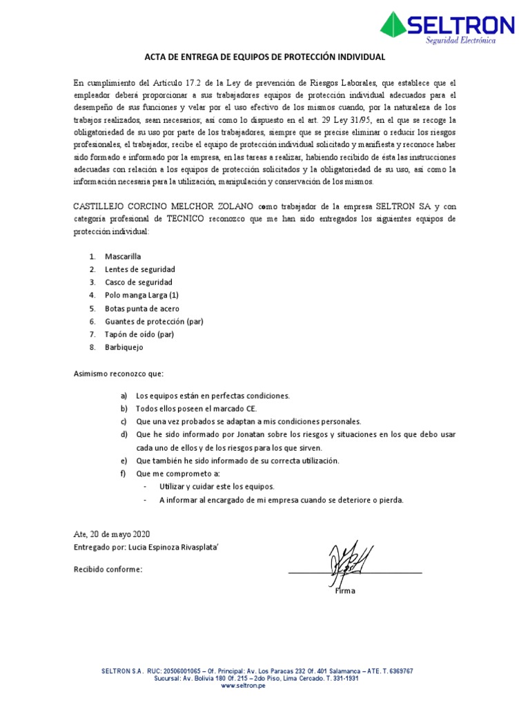 ACTA DE ENTREGA DE EPPs | PDF | Business