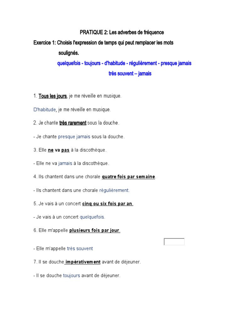 Exercices sur les adverbes de fréquence | PDF | Études des langues ...