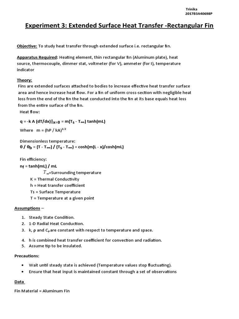 Experiment 3: Extended Surface Heat Transfer - Rectangular Fin | PDF ...