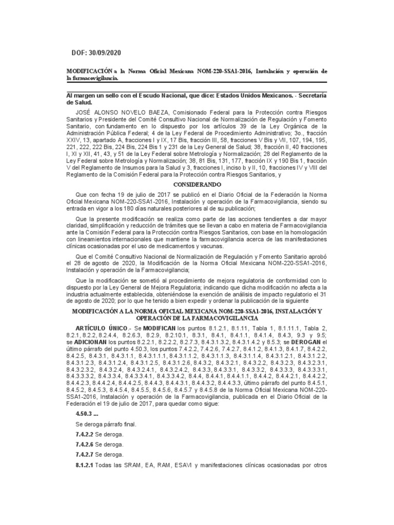 MODIFICACIÓN A La Norma Oficial Mexicana NOM-220-SSA1-2016, Instalación ...