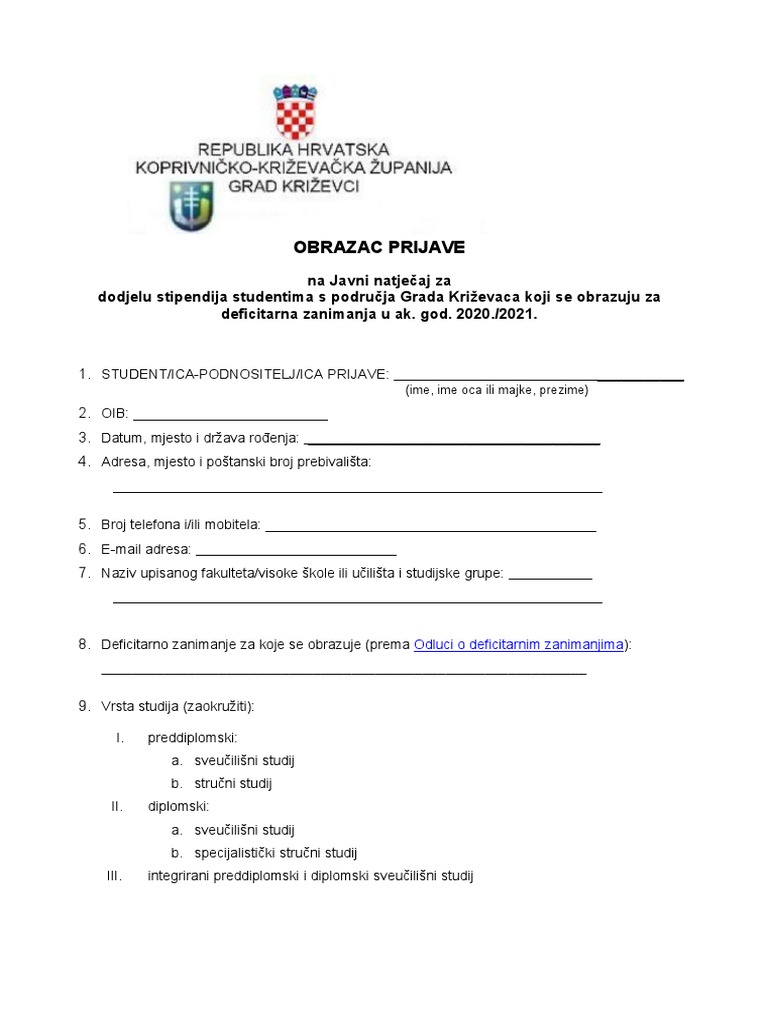 Prilog I - OBRAZAC PRIJAVE Na Javni Natjecaj - Stipendije - Deficitar - 2020 2021 | PDF