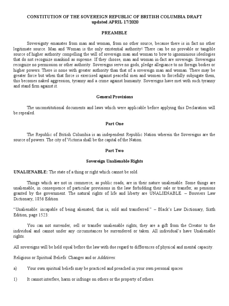 Constitution of The Sovereign Republic of British Columbia Draft | PDF ...
