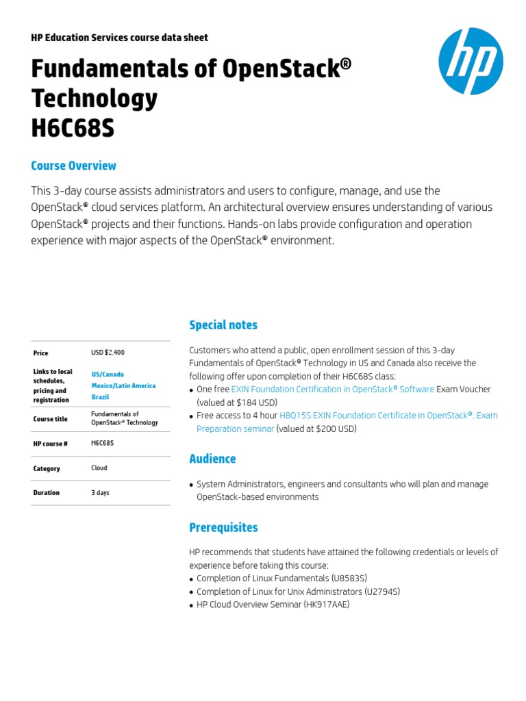 Fundamentals of Openstack® Technology H6C68S: Course Overview | PDF | Open Stack | Computer ...
