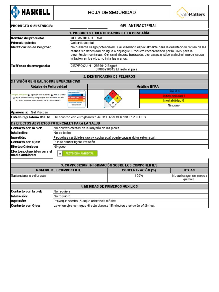 Hoja de Seguridad - Gel Antibacterial | Descargar gratis PDF ...