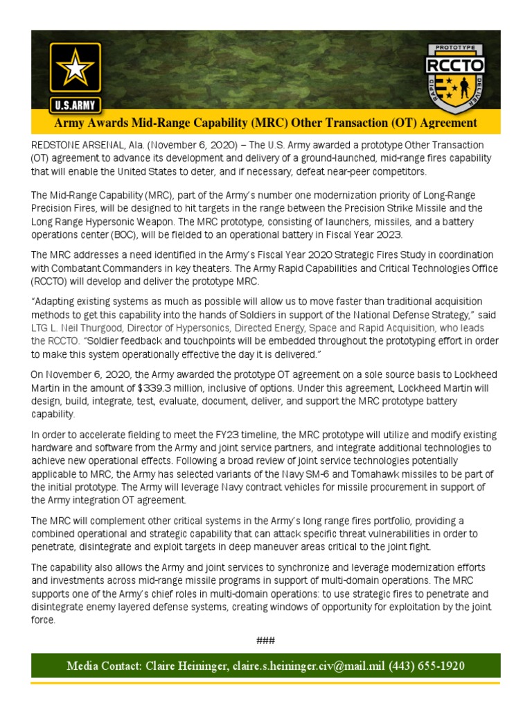 Army Awards Mid-Range Capability (MRC) Other Transaction (OT) Agreement ...
