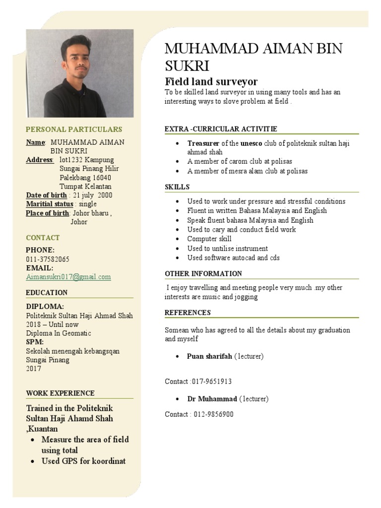 Muhammad Aiman Bin Sukri: Field Land Surveyor | PDF