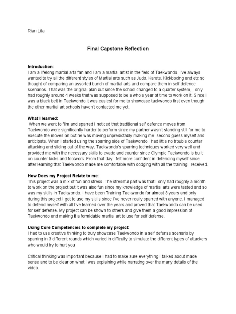 Final Capstone Reflection | PDF | Taekwondo | Mixed Martial Arts