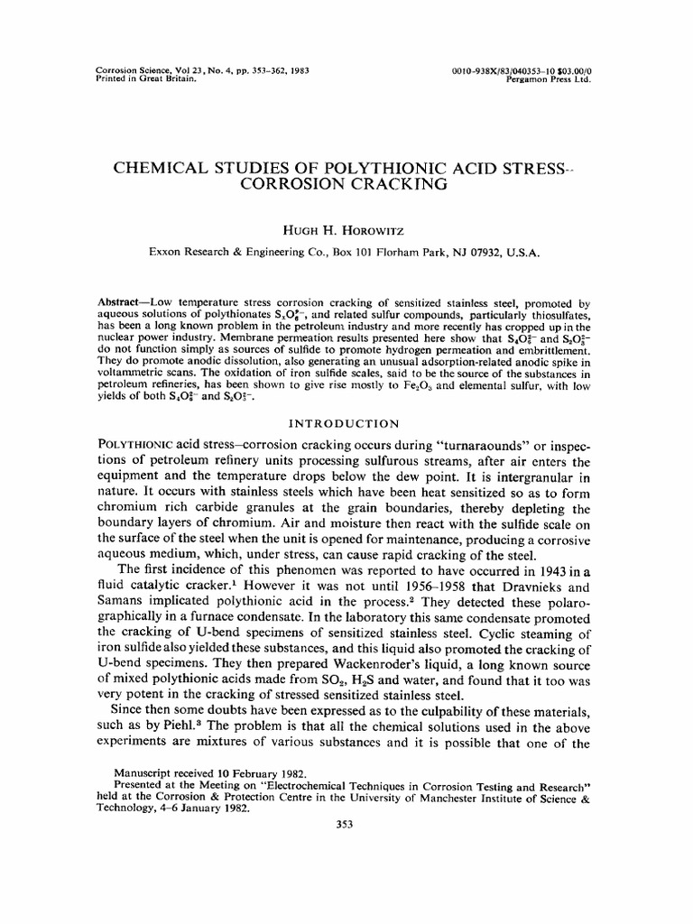 Chemical Studies of Polythionic Acid Stress - Corrosion Cracking | PDF ...